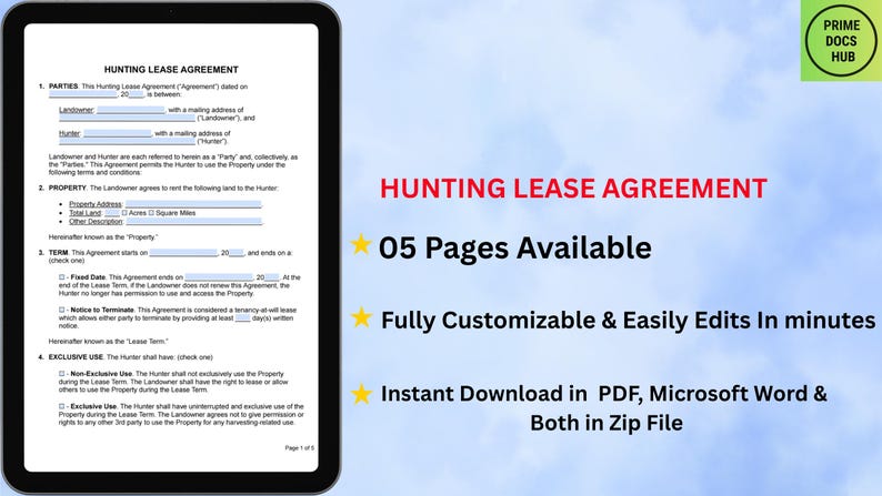 Editable Hunting Lease Agreement Template , Instant Download Document ...