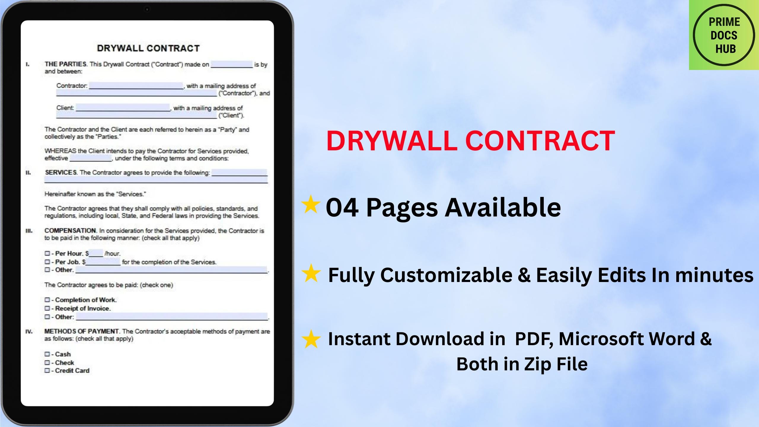 Editable Drywall Contract Template: Professional Service Agreement (PDF ...