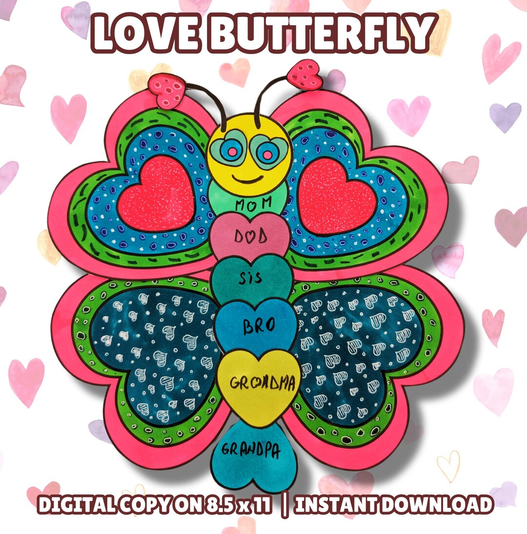 Love Butterfly Valentine Craft for Kids, Heart Butterfly Printable ...