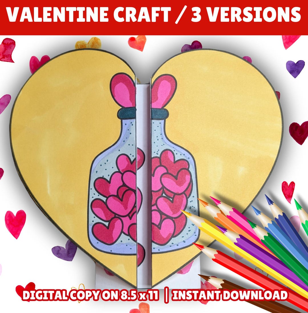 Message in a Bottle Valentine Craft for Kids, Foldable Heart Card ...