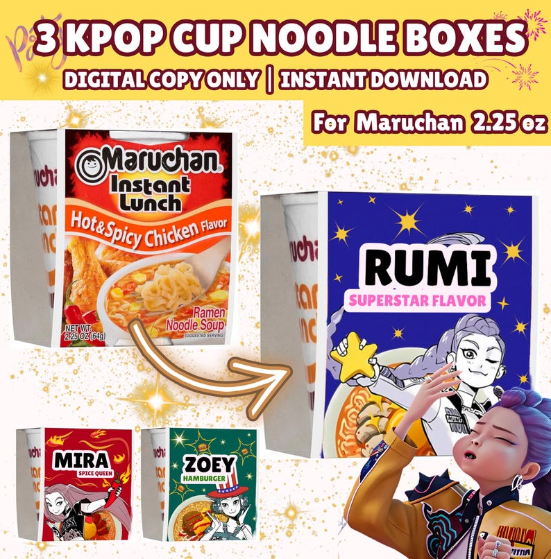 3 Kpop Demon Hunters DYI Cup Noodle Boxes for Maruchan, Original Edition, Mira Rumi Zoey Cup ...