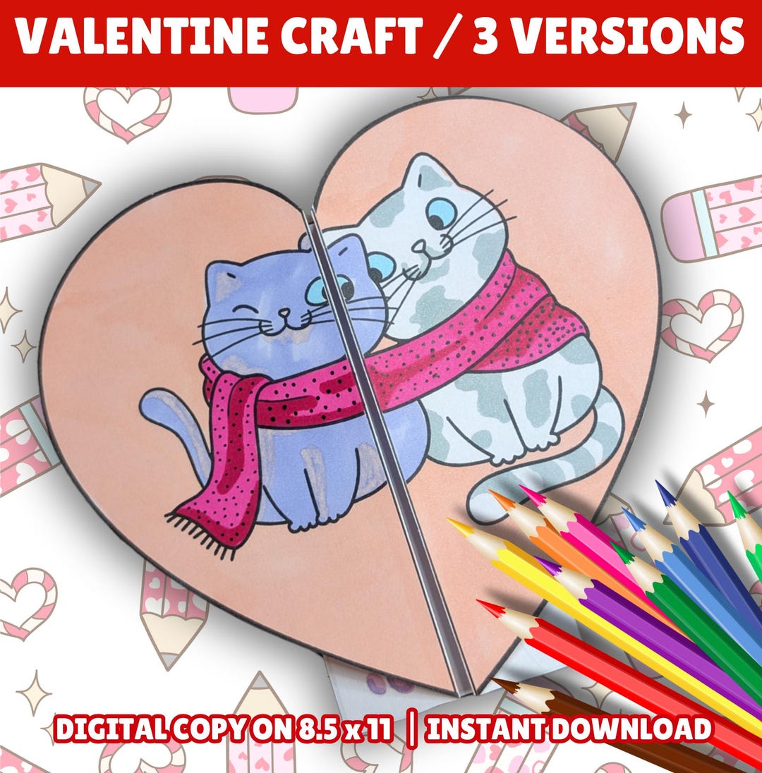 Printable Valentine's Day Folding Cards, Cute Cats Valentine Activity ...