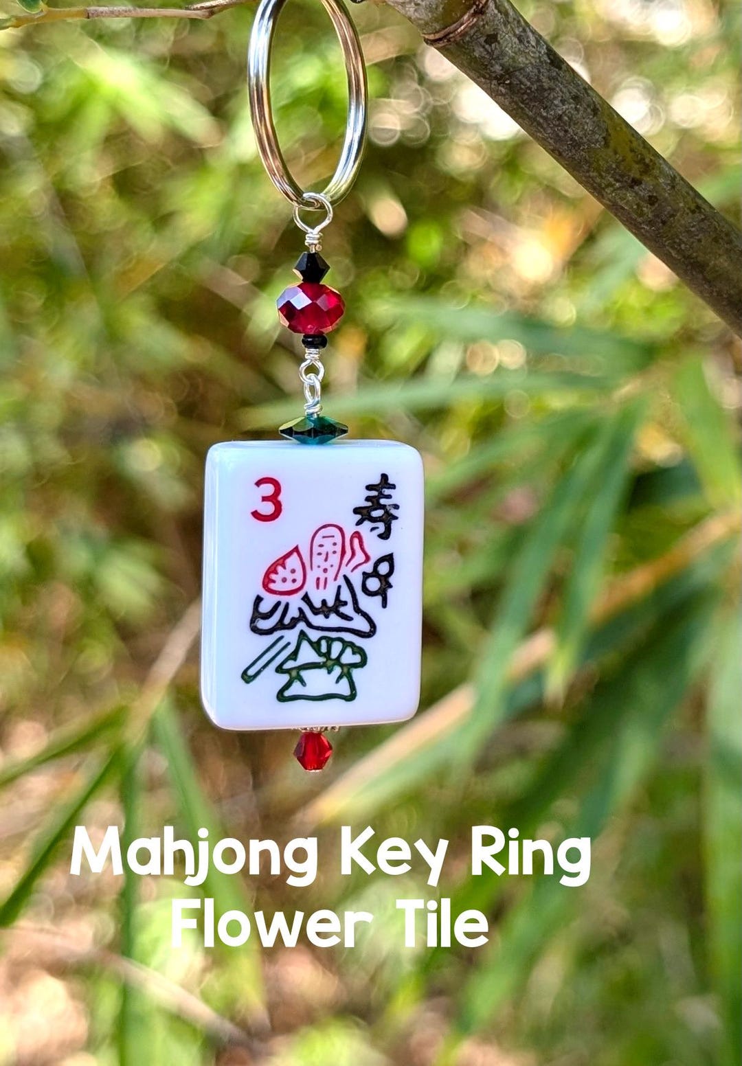 Mahjong Key Ring With Czech Glass Beads, Flower Tile, Number 3 - Etsy