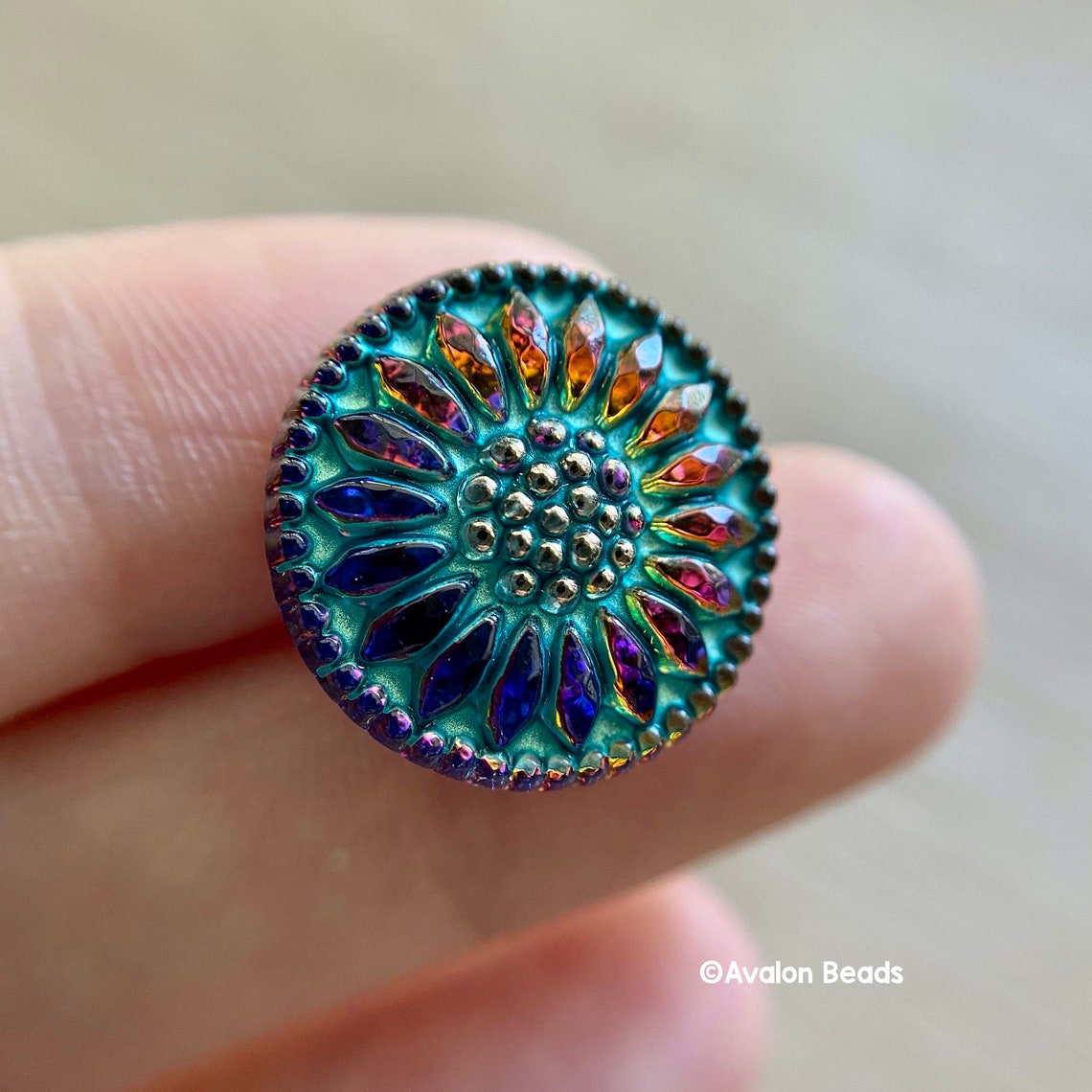 Daisy Glass Button Turquoise with Iridescent Highlights | Etsy