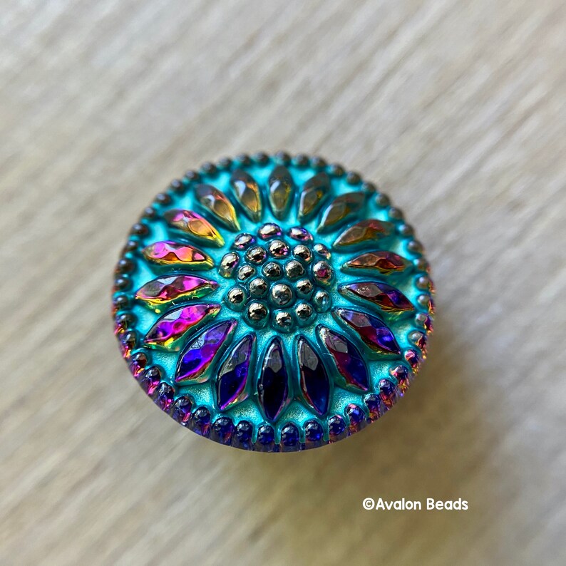 Daisy Glass Button Turquoise With Iridescent Highlights | Etsy