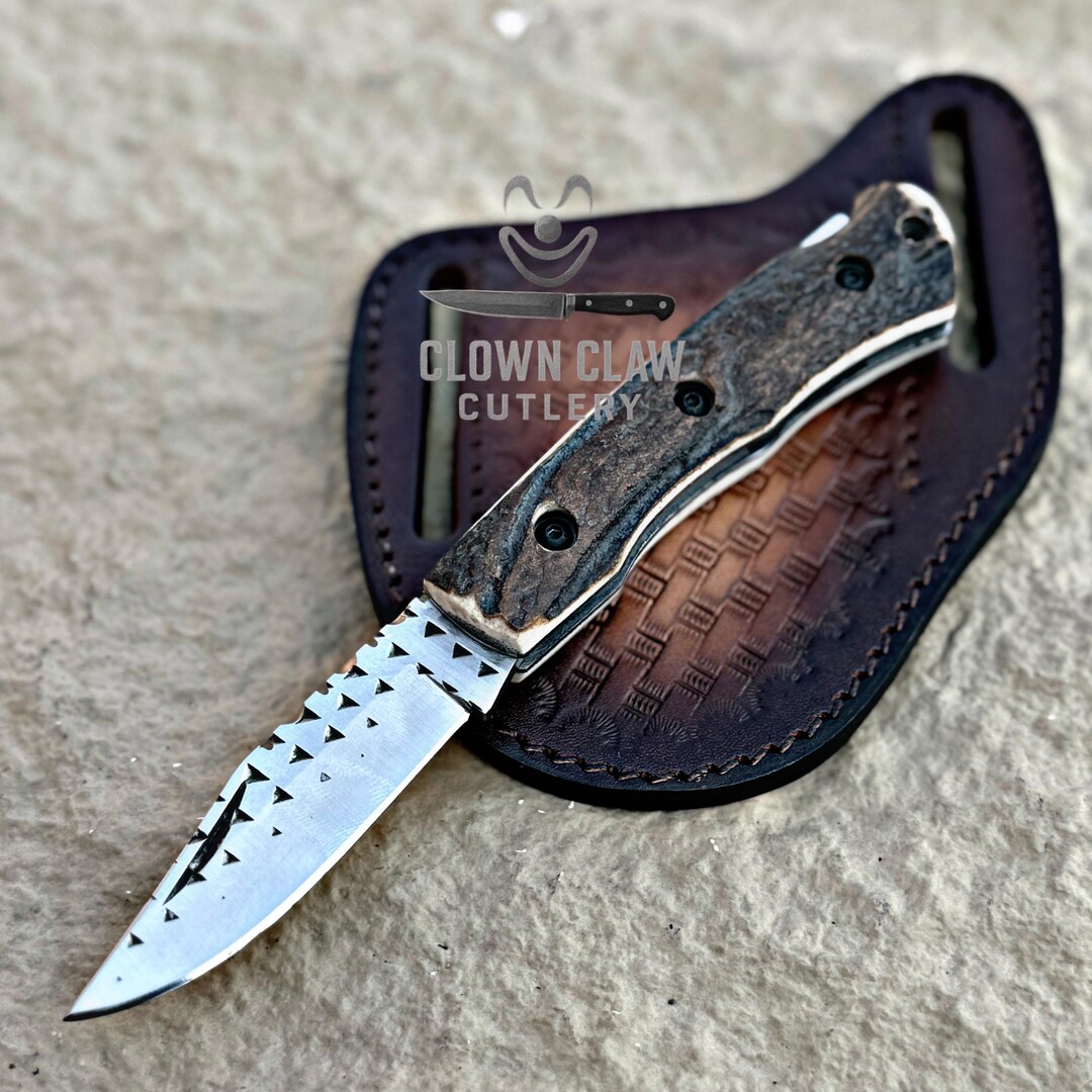 Personalized Rasp Steel Pocket Knife, Deer Antler Handle, Leather ...