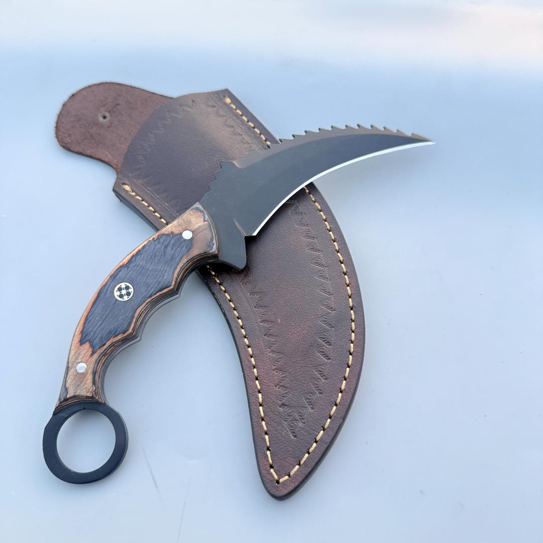 Handmade Karambit Knife With Black Poeder Coated Blade & Paka Wood ...