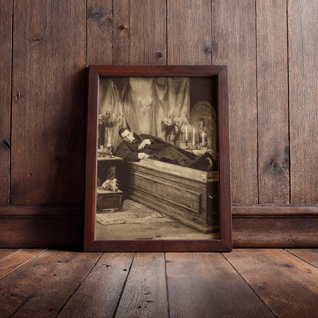 Vintage Man Resting in Coffin Photo: Gothic Funeral Scene, Dark ...