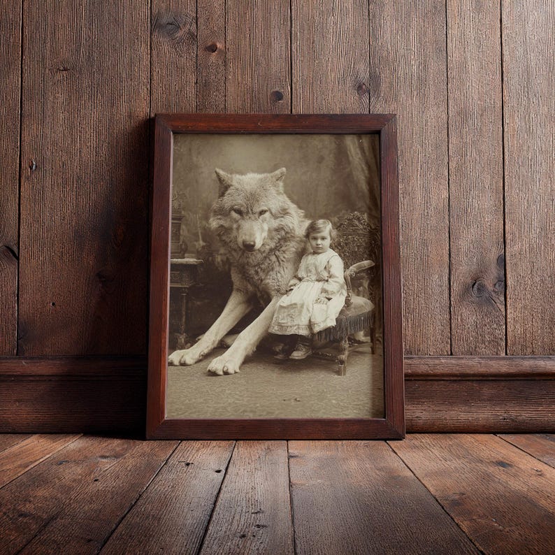 Gothic Wolf and Child Portrait Print: Victorian Sepia Wall Art ...