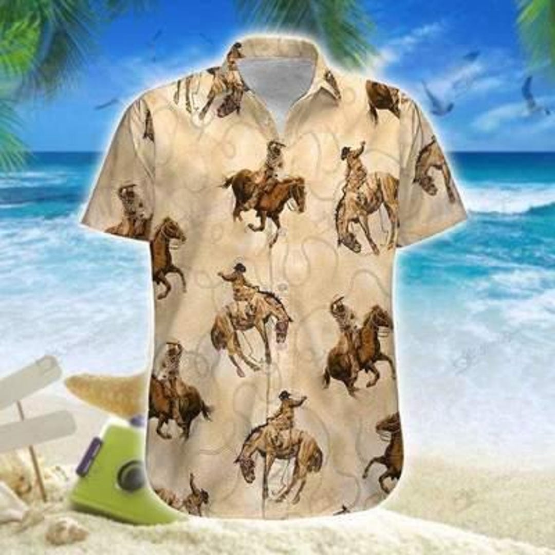 Vintage Cowboy Hawaiian Shirt Western Horse Print, Old West Aloha ...