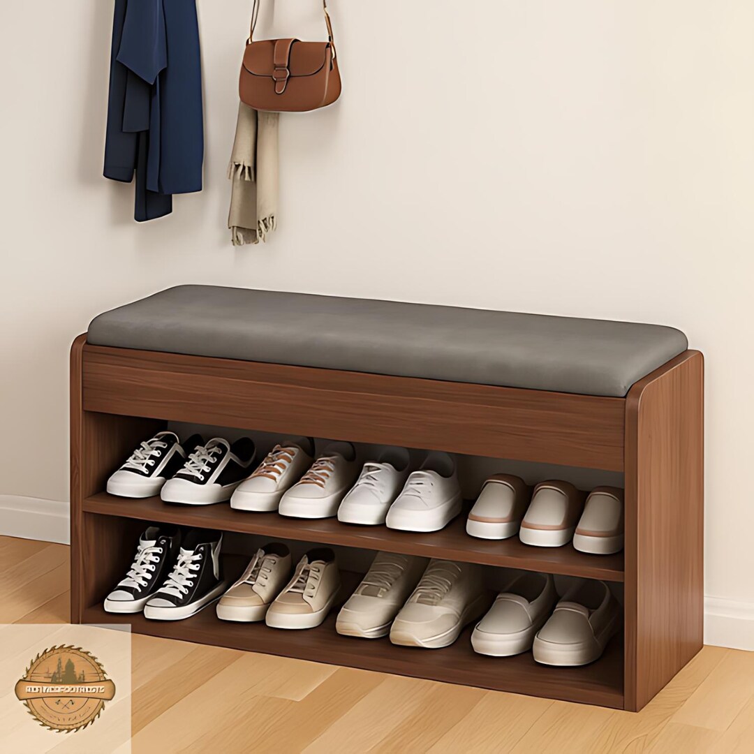 Solid Wood Shoe Storage Bench | Padded Entryway Organizer - Etsy