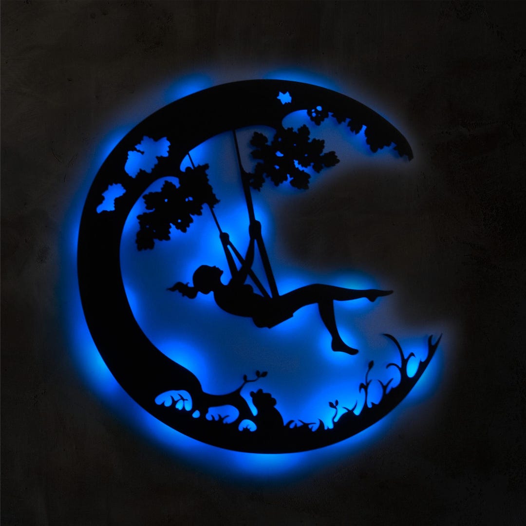 Wooden LED Lighted Table, Fairy Lamp, Girl on the Moon Swing Lighting ...