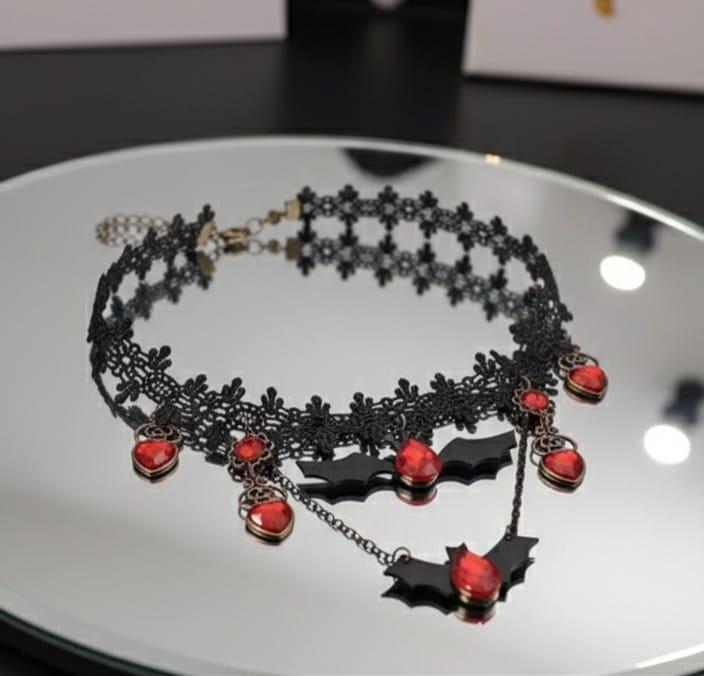 Gothic Bat Choker Necklace & Earrings: Lace, Crystal, Vampire Jewelry ...