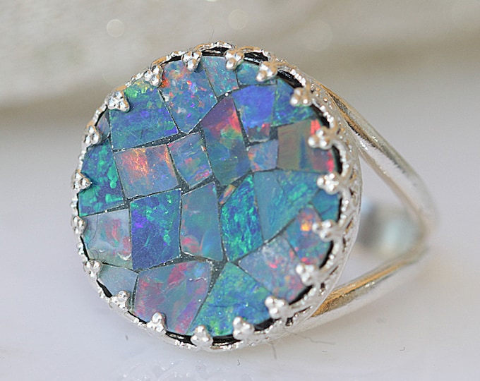 GENUINE AUSTRALIAN OPAL Ring, Gift for Woman, Mosaic Opal Ring, Sterling Silver 925 Opal Jewelry ...