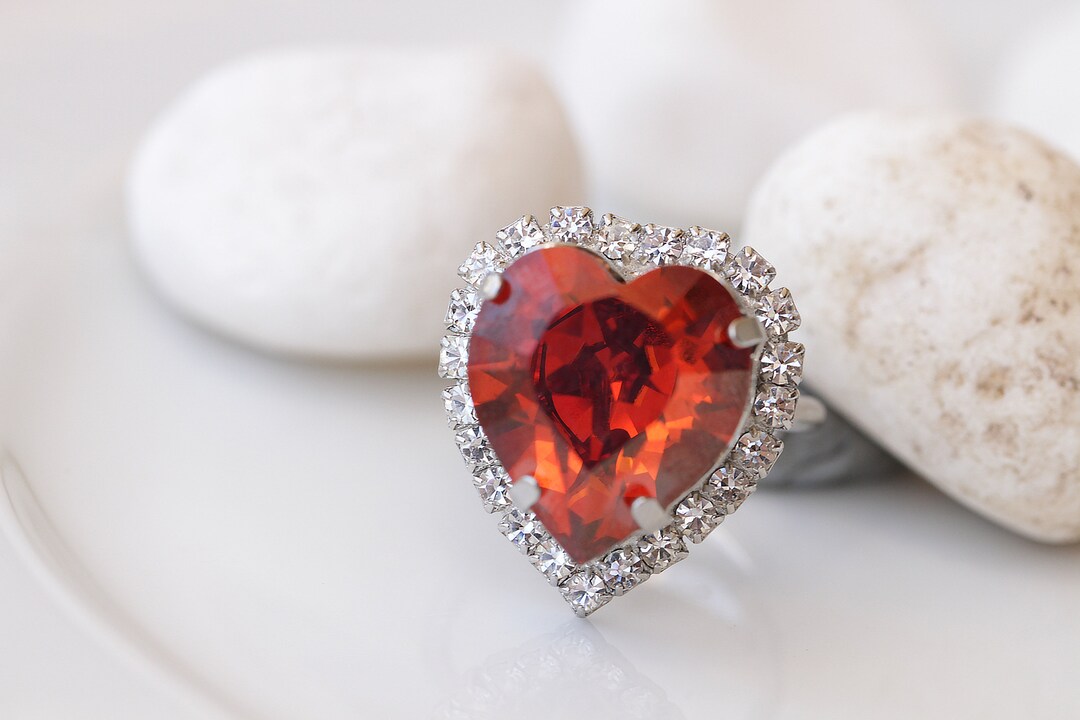 Ruby Red Crystal Heart Ring: Rose Gold Plated, Adjustable - Etsy