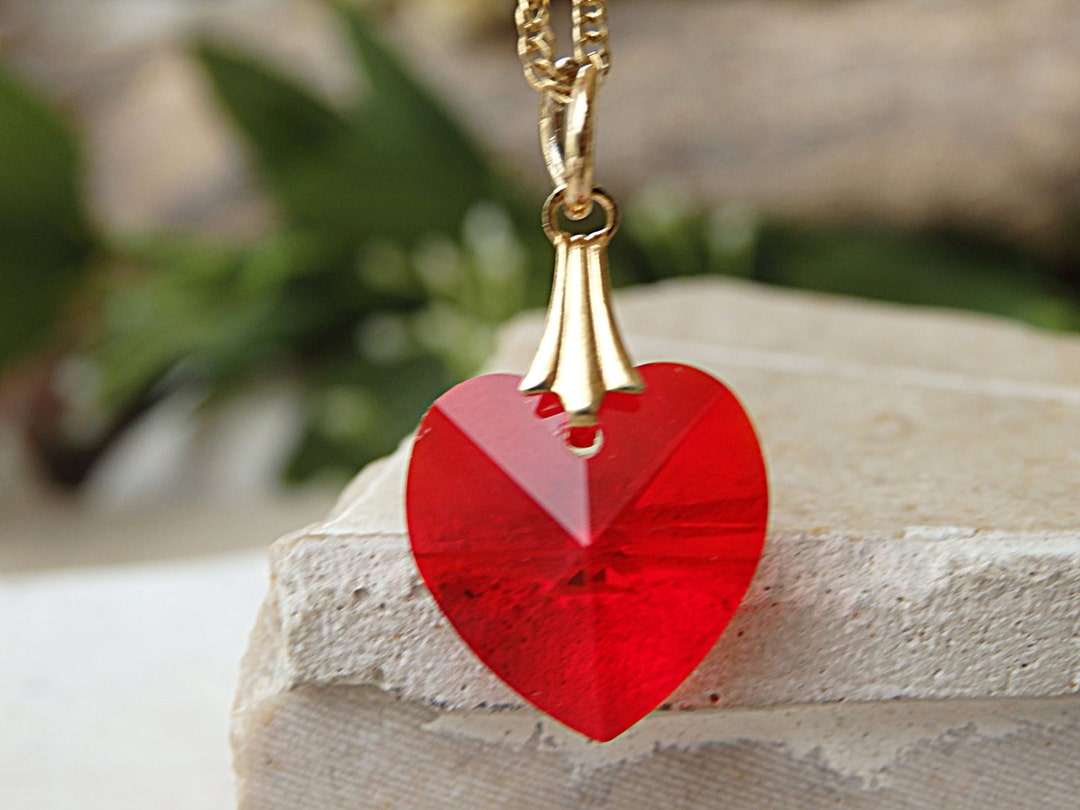 Red Crystal Heart Necklace: 14K Gold Filled Valentine's Gift - Etsy