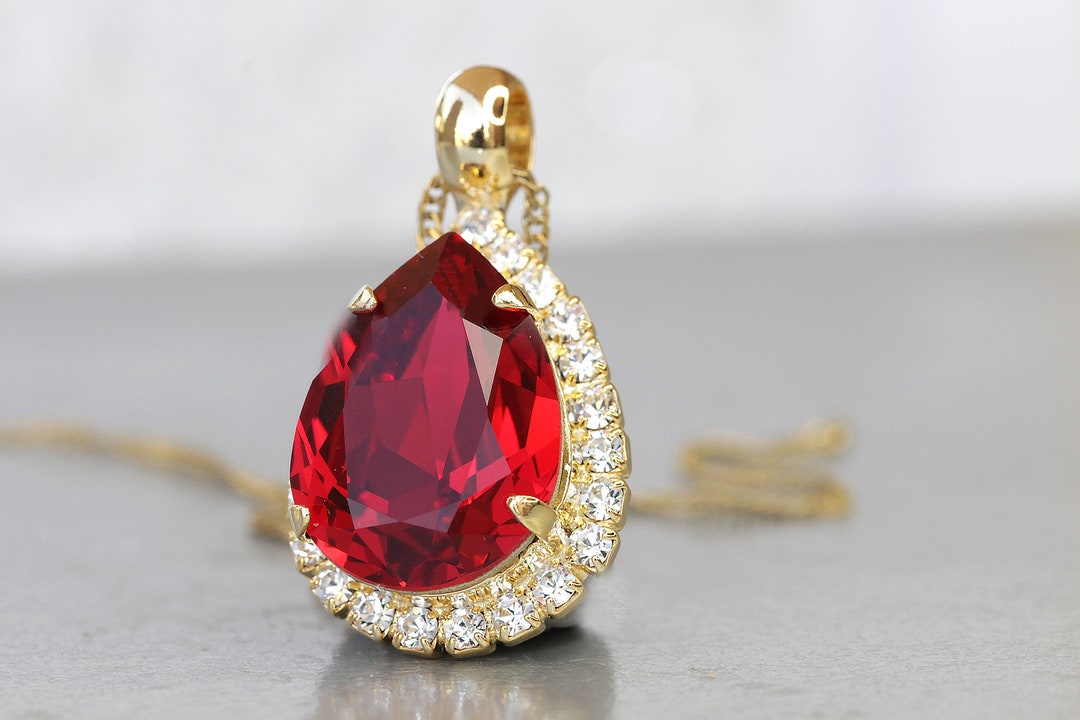 RED RUBY NECKLACE, Red Necklace, Teardrop Ruby Pendant, Gold Red Ruby ...
