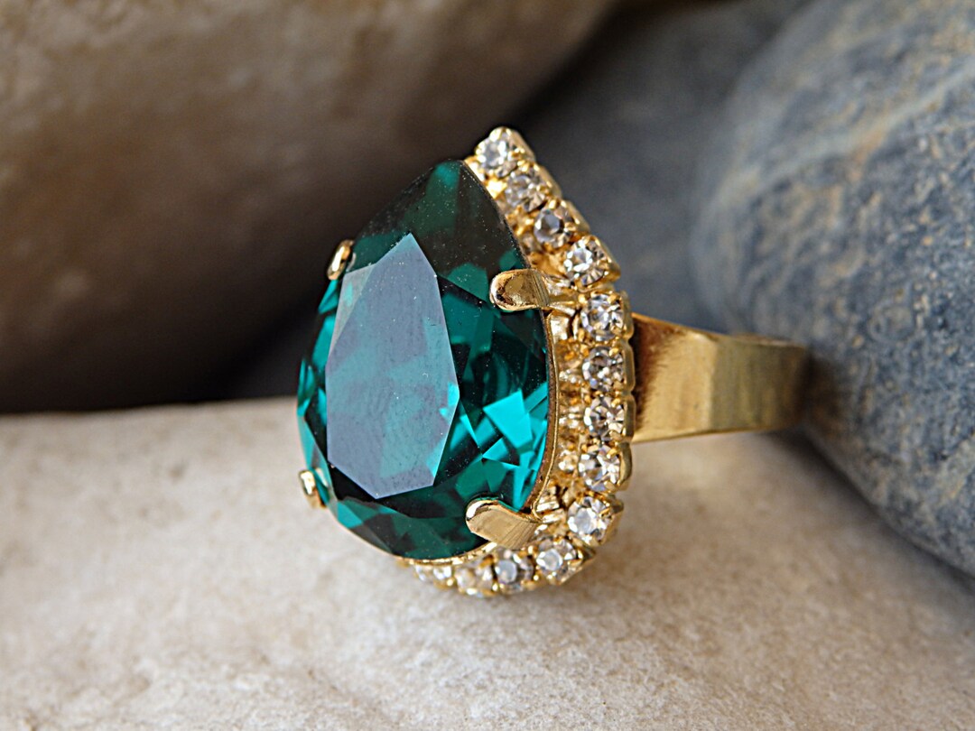 Emerald Crystal Ring, Adjustable Statement Ring, Green Teardrop Crystal ...