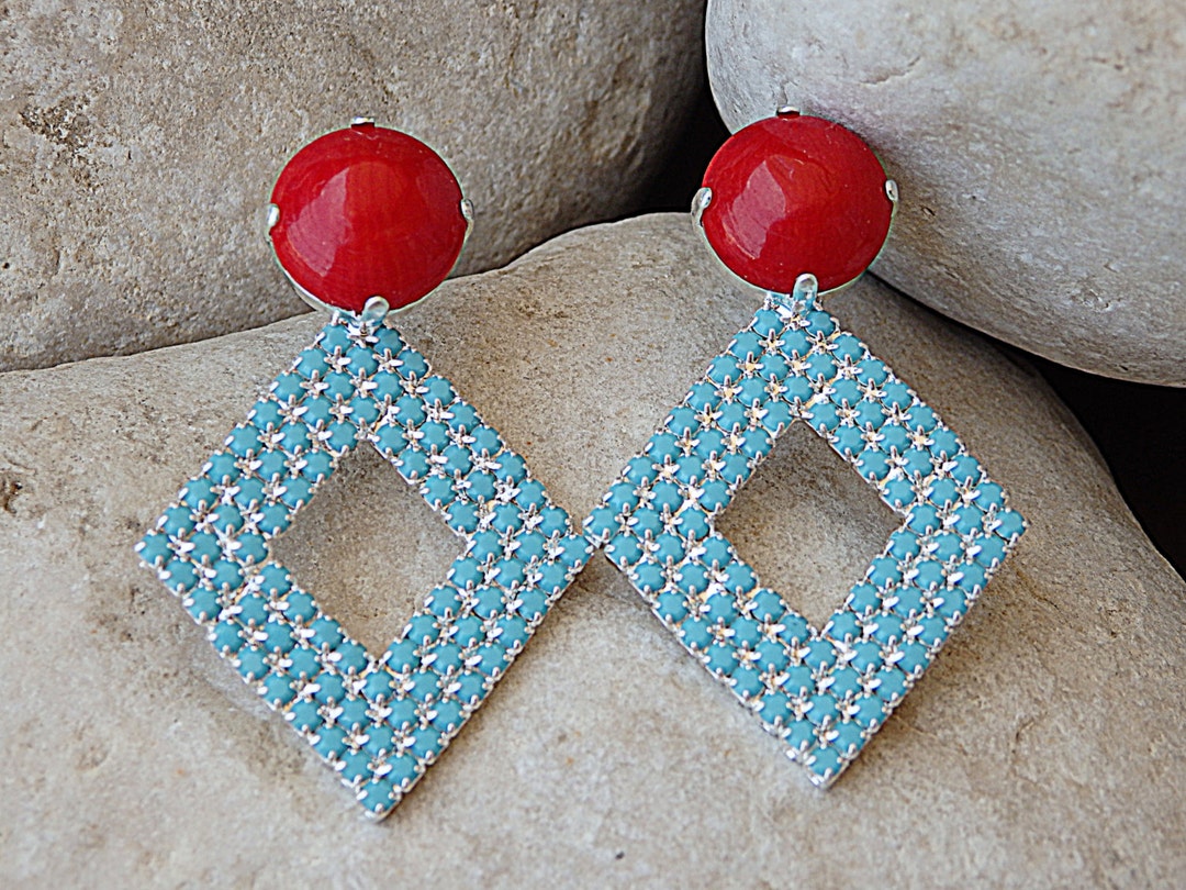 Coral Turquoise Rhombus Earrings, Silver Geometric Crystal Studs - Etsy