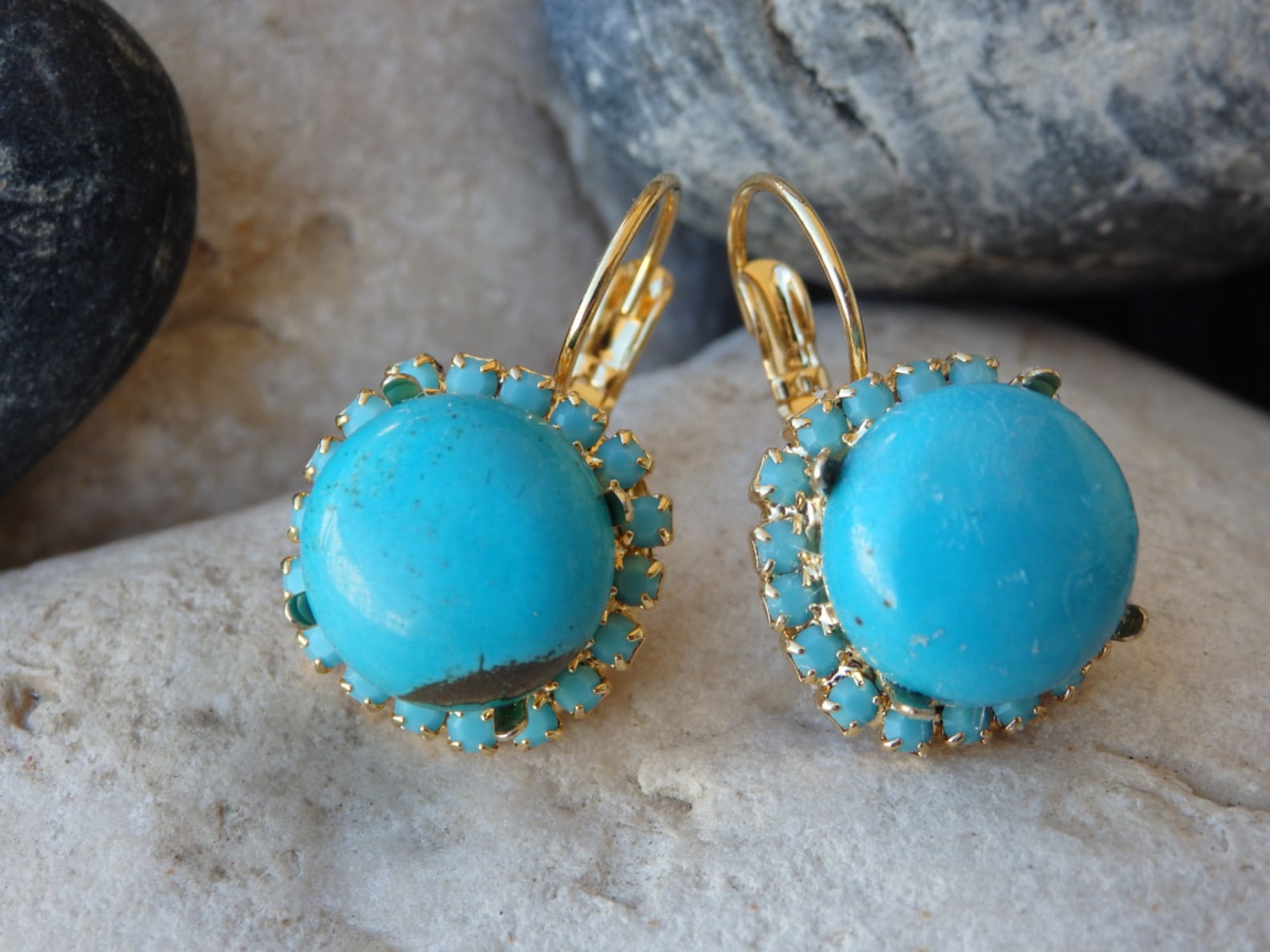 Gold Turquoise Drop Earrings, December Birthstone, Blue Gemstone ...
