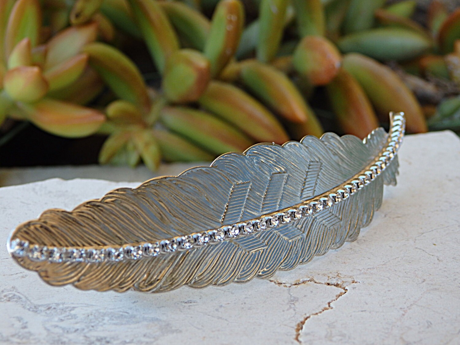 Feather Hair Barrette, Gold Crystal Rhinestone Barrette, Gold Plated ...