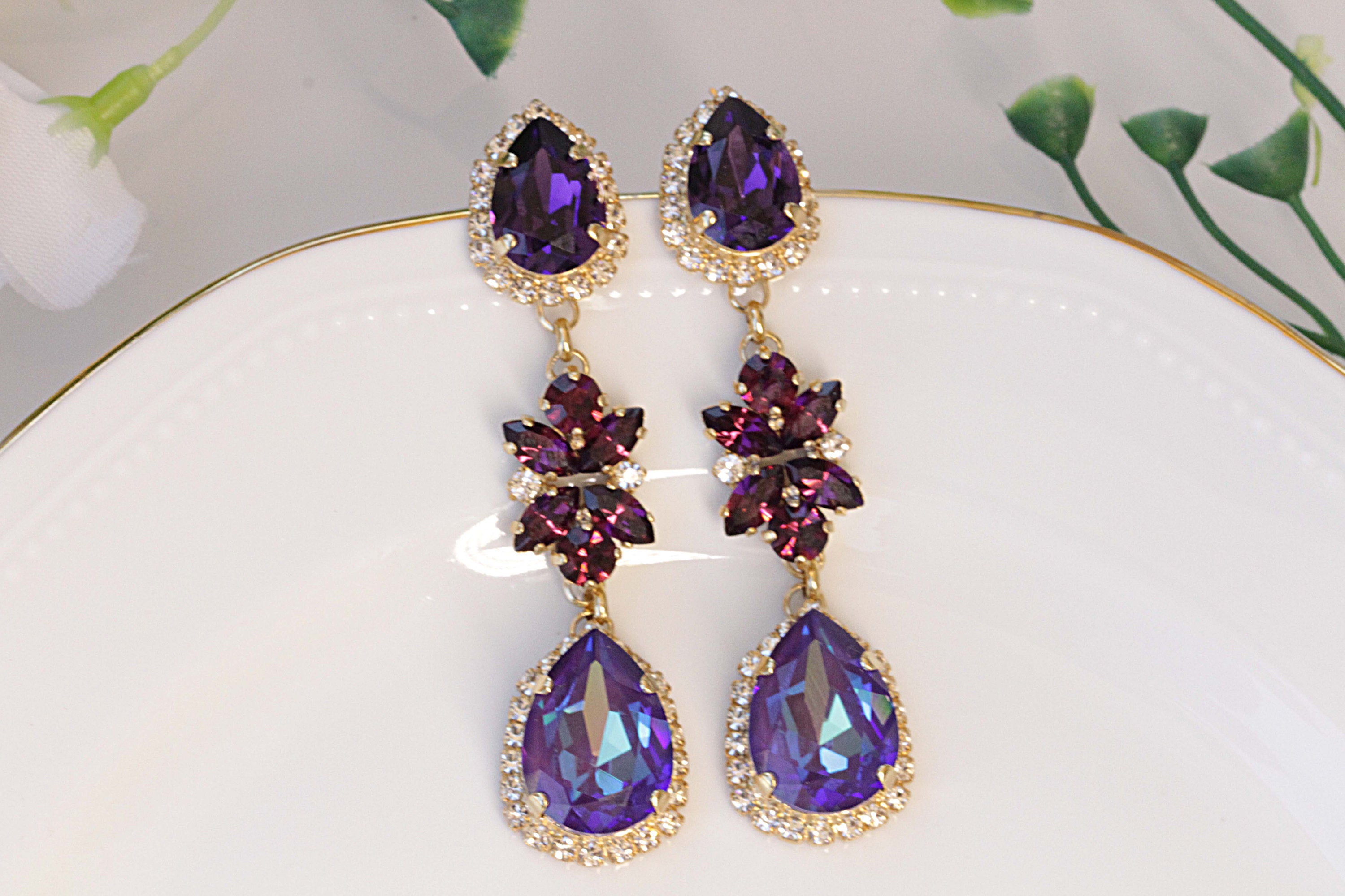 Amethyst Crystal Chandelier Earrings, Wedding Deep Purple Bridal ...