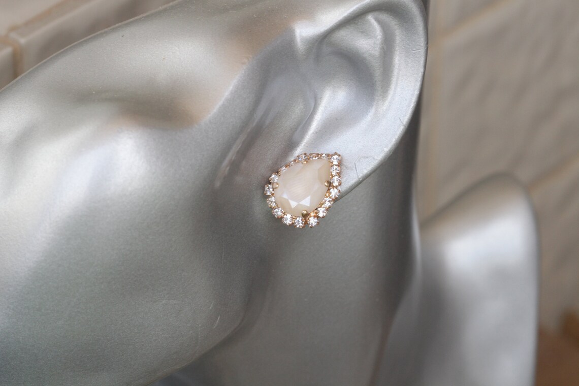 Ivory Cream Teardrop Earrings, Gold Crystal Bridal Studs - Etsy