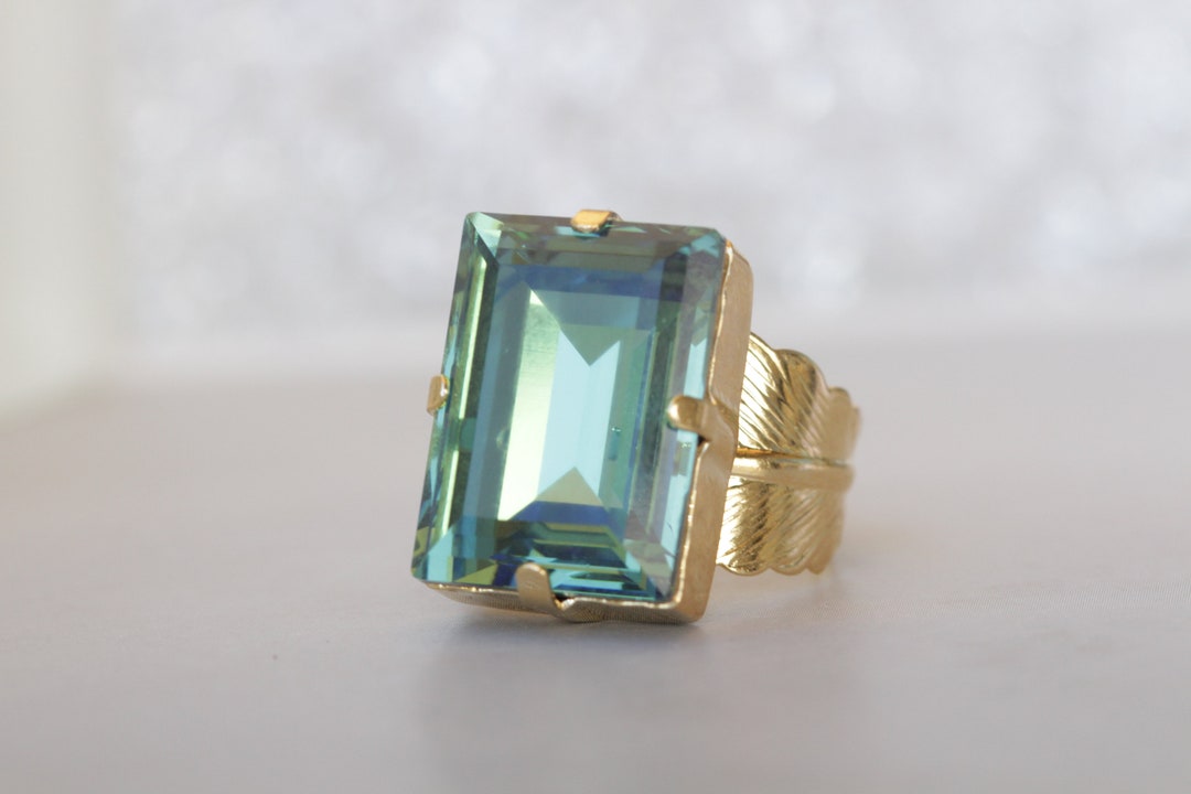 Emerald Cut Crystal Ring, 24k Gold Feather Ring, Adjustable - Etsy