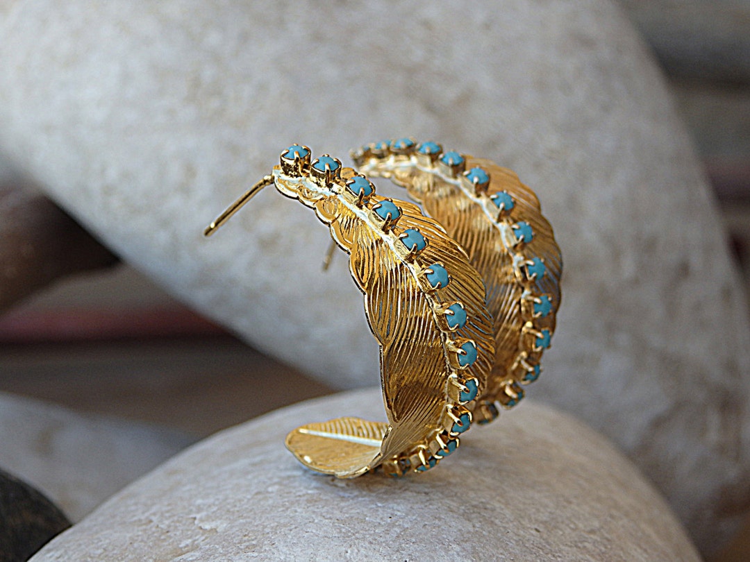 Feather Hoop Earrings, Gold Turquoise Hoop Earrings, Gold Feather ...