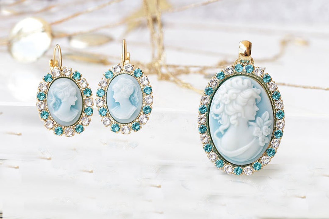 Blue Cameo Jewelry Set, Rhinestone Necklace Earrings, Bridal Bridesmaid ...