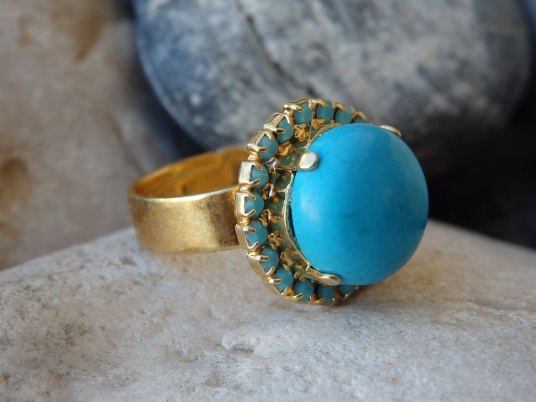 Gold Turquoise Ring, Genuine Turquoise Jewelry, Blue Gemstone Ring ...