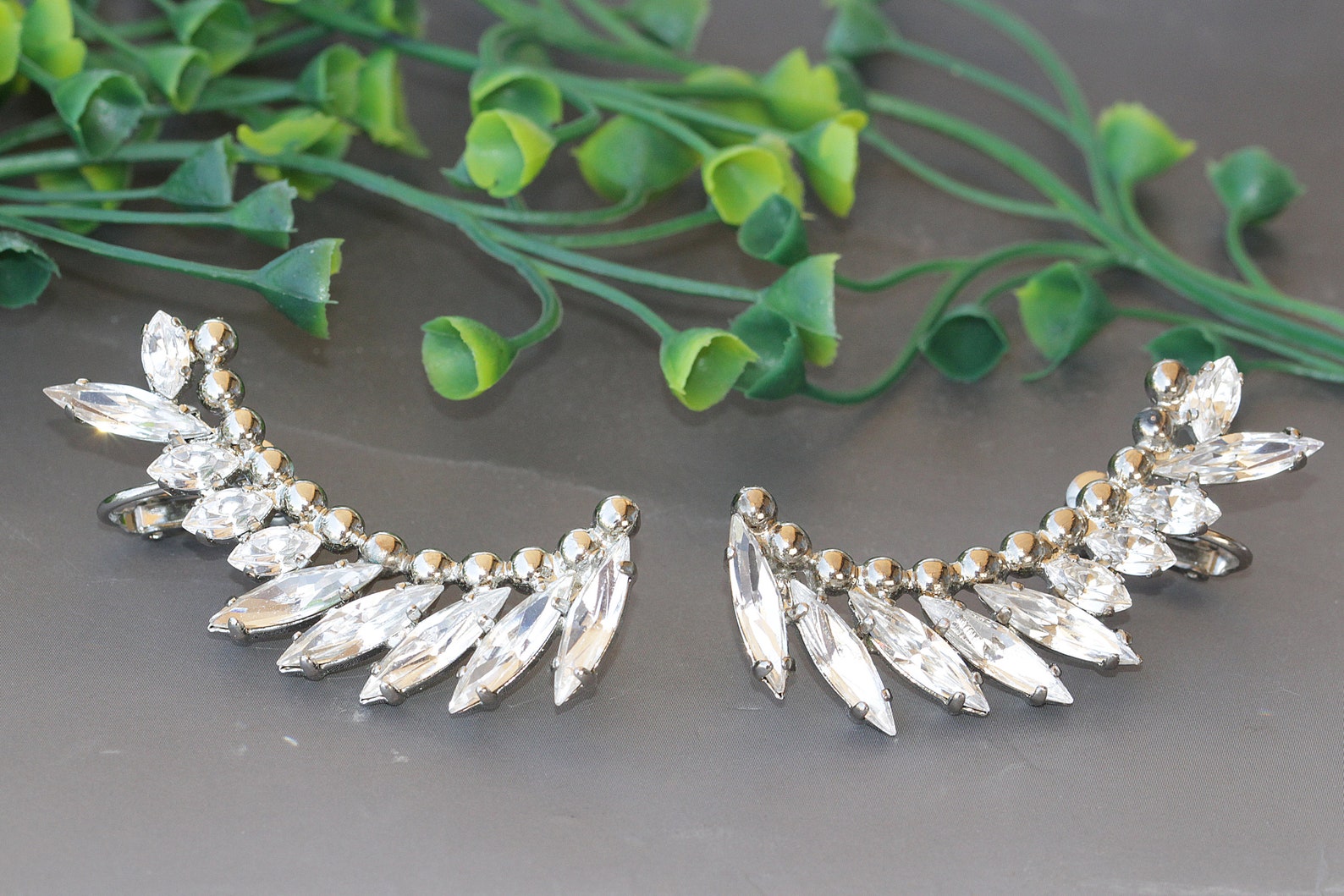 Crystal Bridal Ear Crawler Earrings, Silver Ear Sweeps, Wedding Jewelry ...