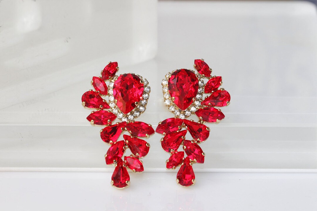 RED CLUSTER EARRINGS, Unique Earrings, Crystals Ruby Big Studs, Gift ...