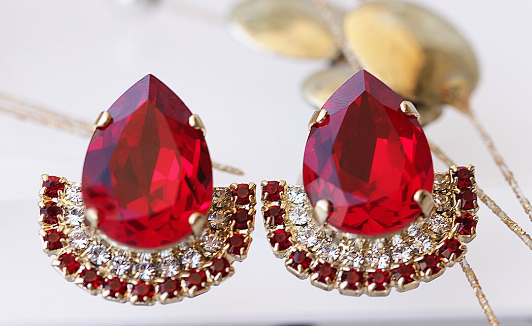 BRIGHT RED EARRINGS, Ruby Crystal Earrings, Red Clip on Earrings, Red ...
