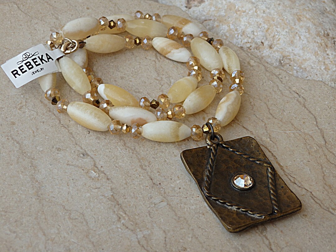 Yellow Jasper Beaded Necklace. Rectangle Pendant, Genuine Gemstone and ...