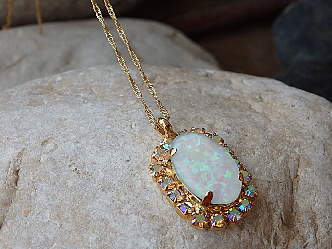 White Opal Necklace, Bridal Opal Wedding Jewelry, Rhinestone Halo ...