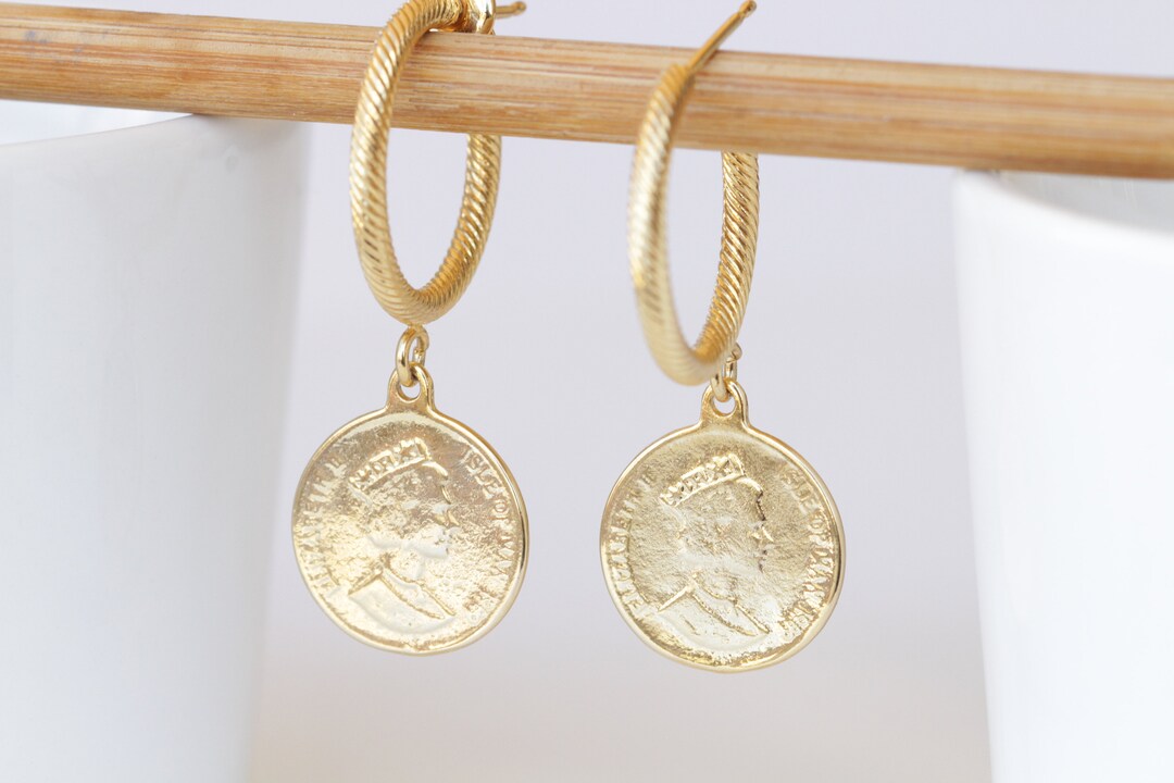 Gold Coin Hoop Earrings, 24k Plated Dangle Earrings - Etsy
