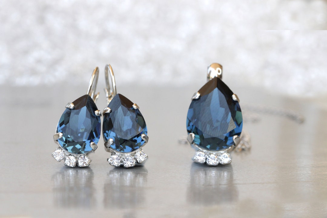 NAVY BLUE Jewelry Set, Blue Teardrop Pendant, Wedding Dark Blue Jewelry ...