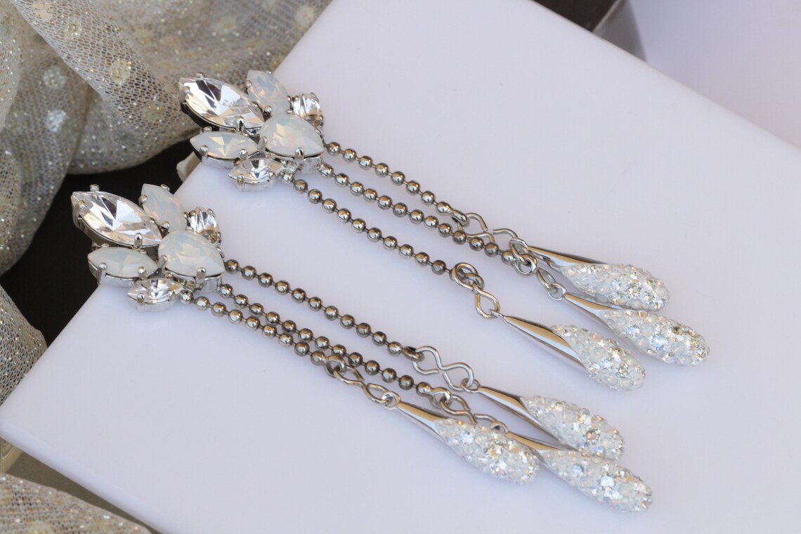 LONG BRIDAL EARRINGS, Prom Earrings, Silver Drop Earrings, Clear ...