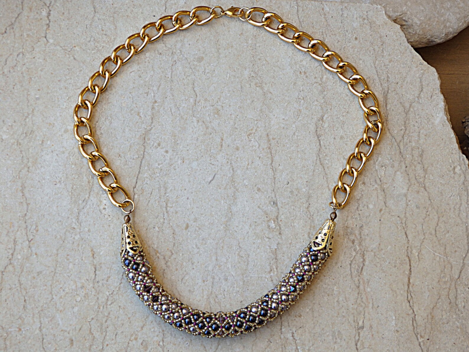 Beaded Necklace. Beaded and Chain Necklace. Purple Gold Big - Etsy