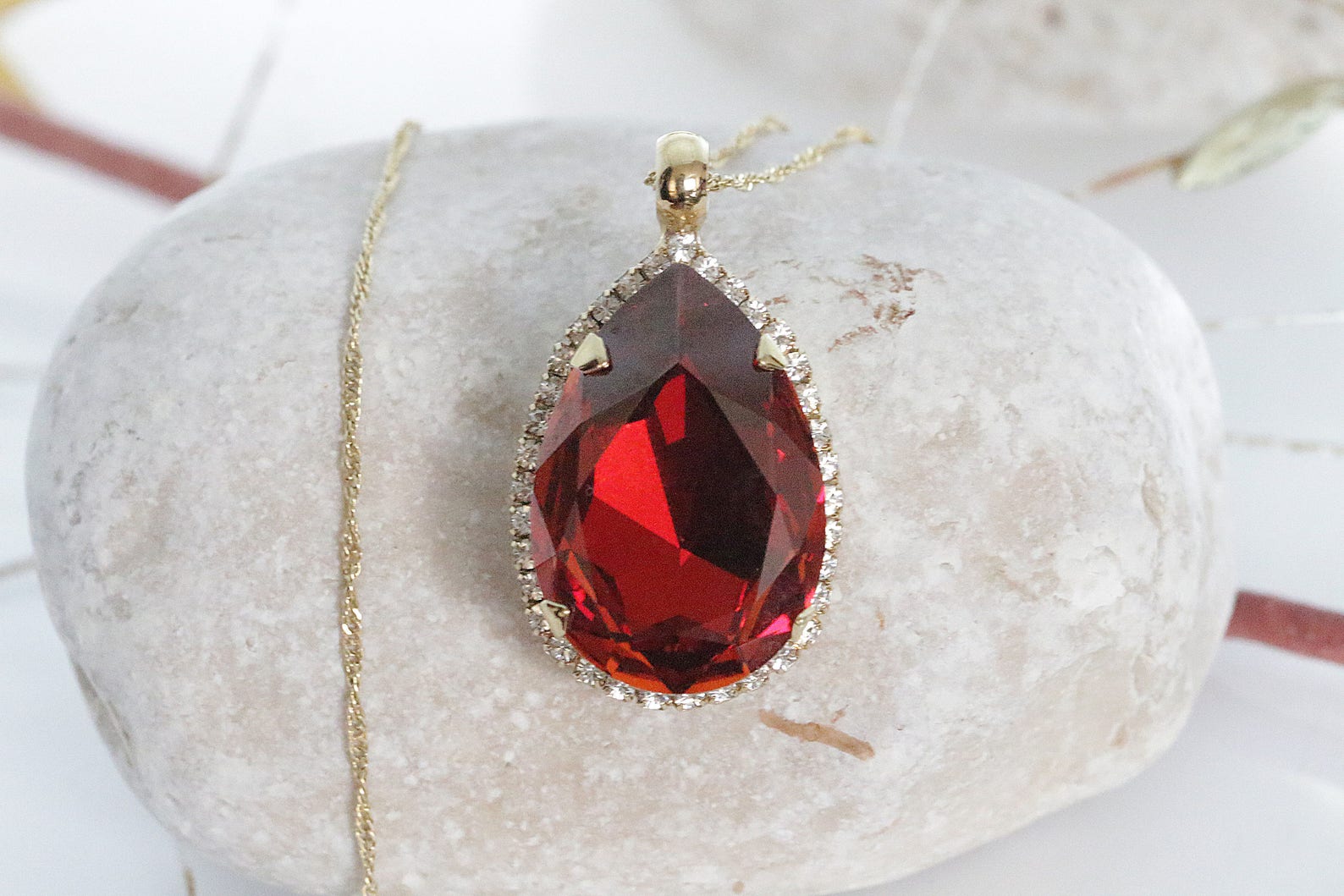 Red Crystal Teardrop Pendant Necklace, Evening Necklace - Etsy