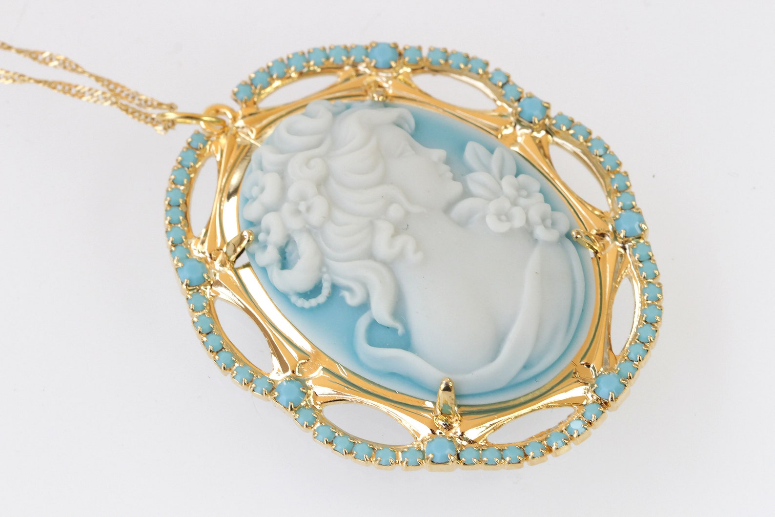Cameo Necklace Blue Cameo Pendant Large Cameo Necklace Lady - Etsy