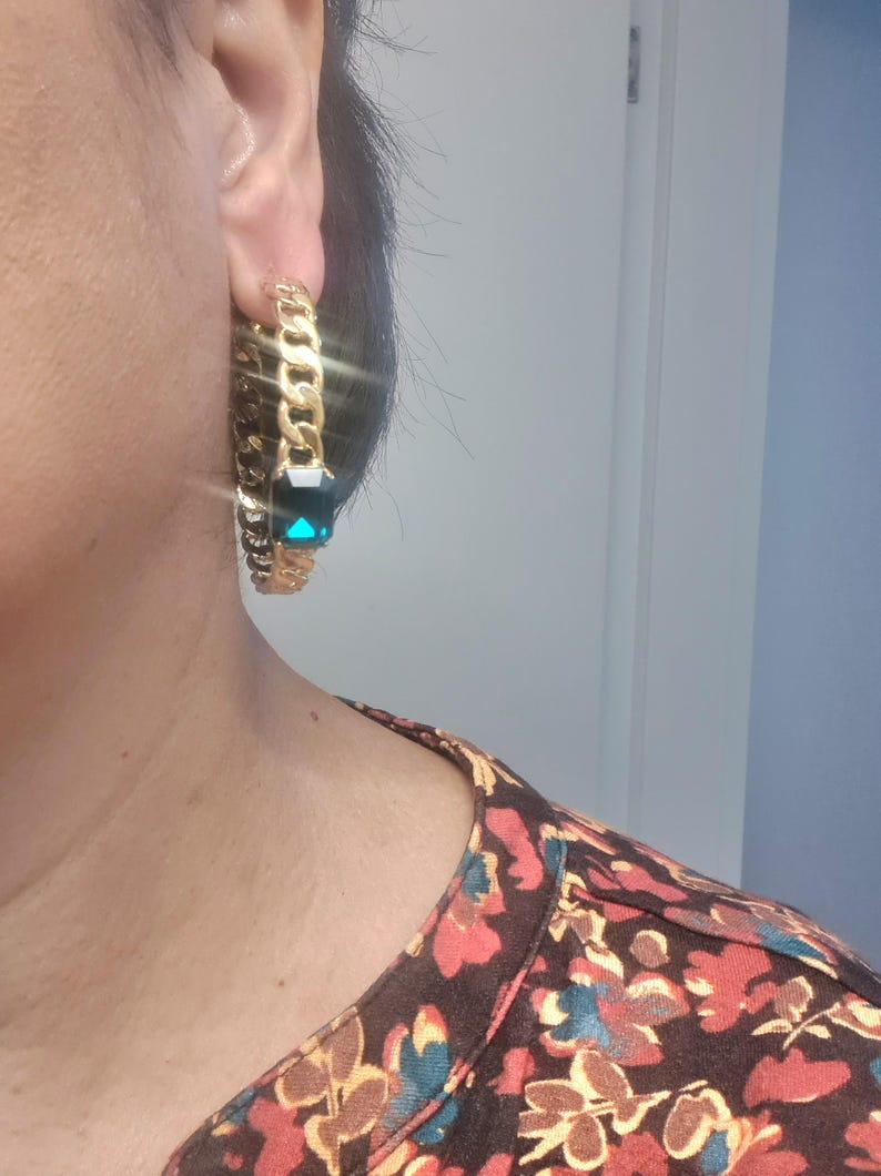 Gold Chain Hoop Earrings, Dark Green Crystal, Large Chunky Hoops - Etsy