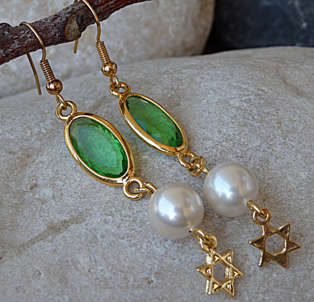 Star of David Dangle Earrings, Green Crystal & Pearl Judaica Charms - Etsy