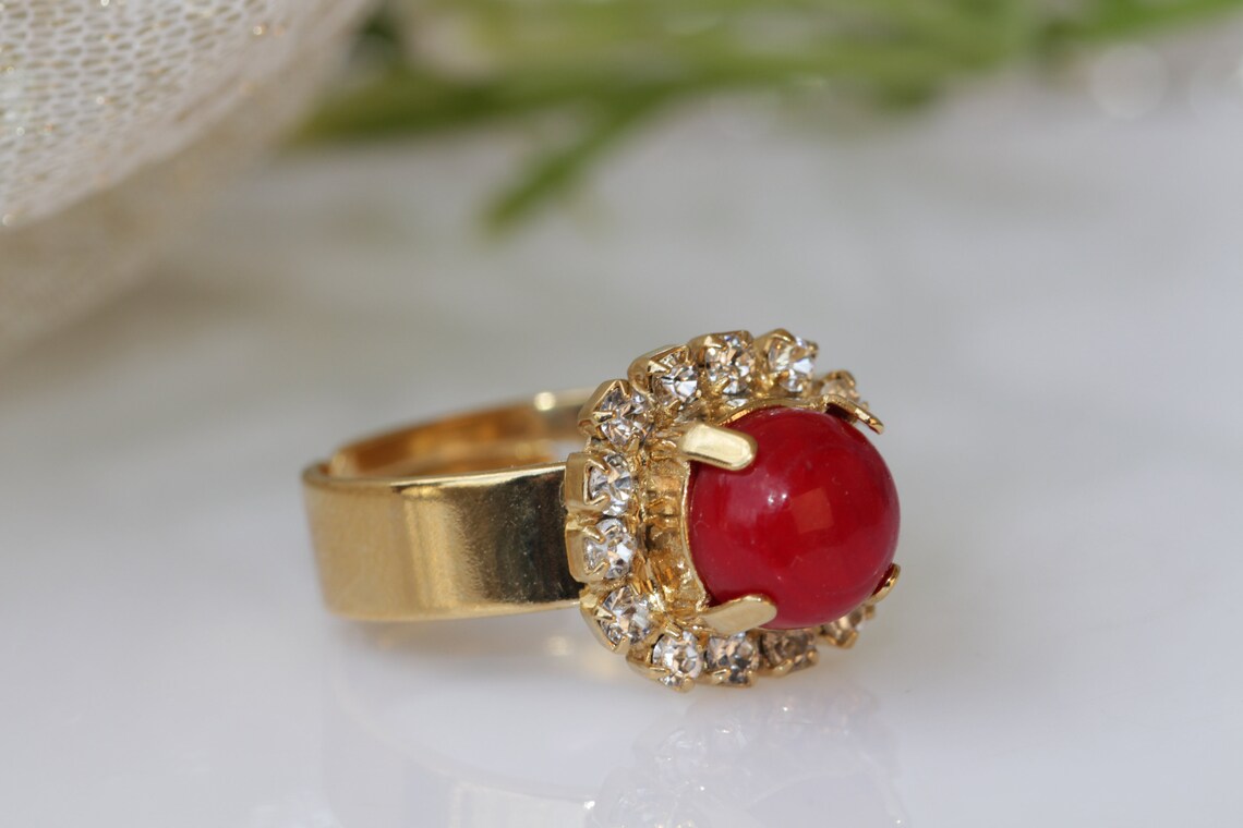 CORAL RING Red Stone Ring Coral Gold Ring Adjustable Woman - Etsy