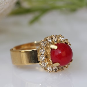CORAL RING, Red Stone Ring, Coral Gold Ring, Adjustable Woman Ring ...