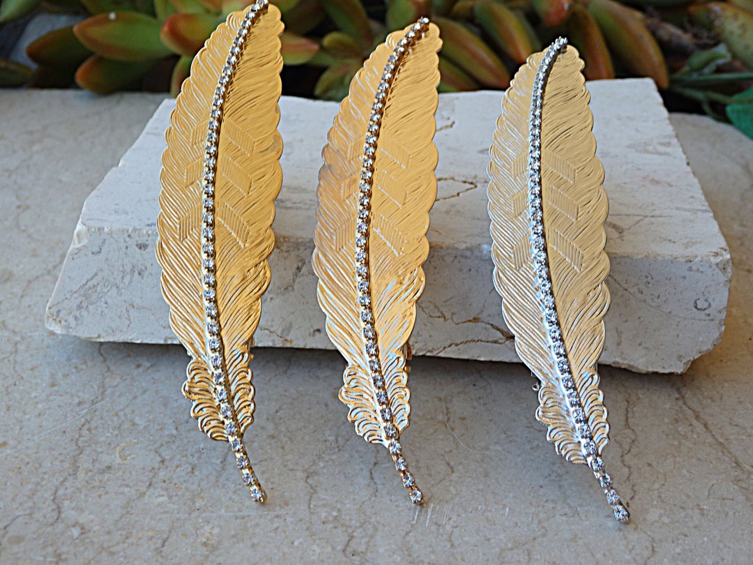 Feather Hair Barrette, Gold Crystal Rhinestone Barrette, Gold Plated ...