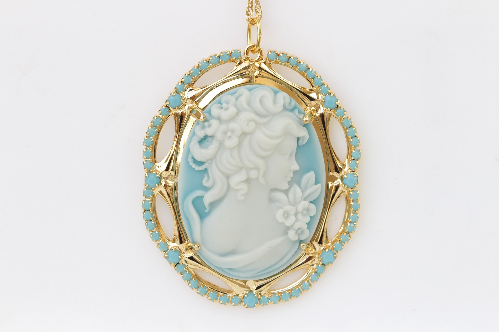 Cameo Necklace Blue Cameo Pendant Large Cameo Necklace Lady - Etsy