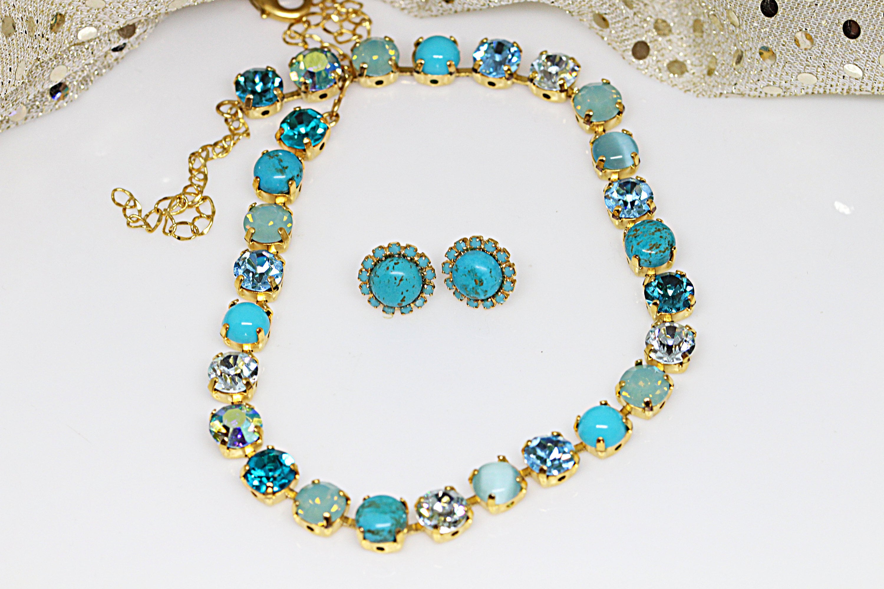 Turquoise & Crystal Jewelry Set, Blue Gemstone Necklace and Earrings - Etsy