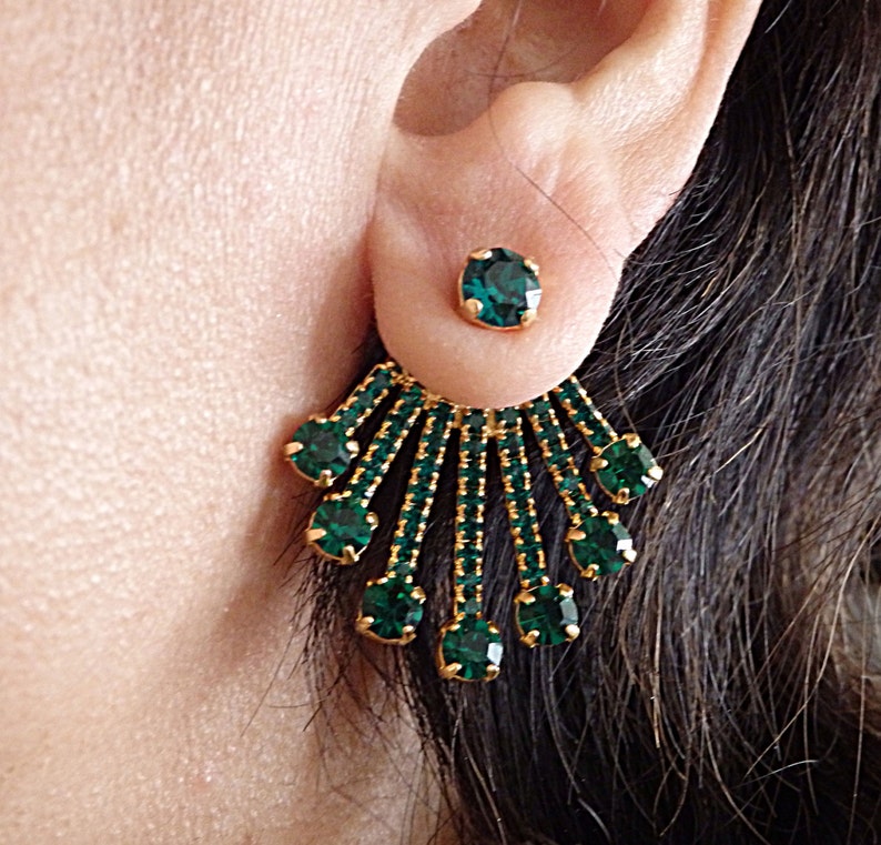 Emerald Ear Jacket Earrings Green Ear Jackets Halo Ear - Etsy